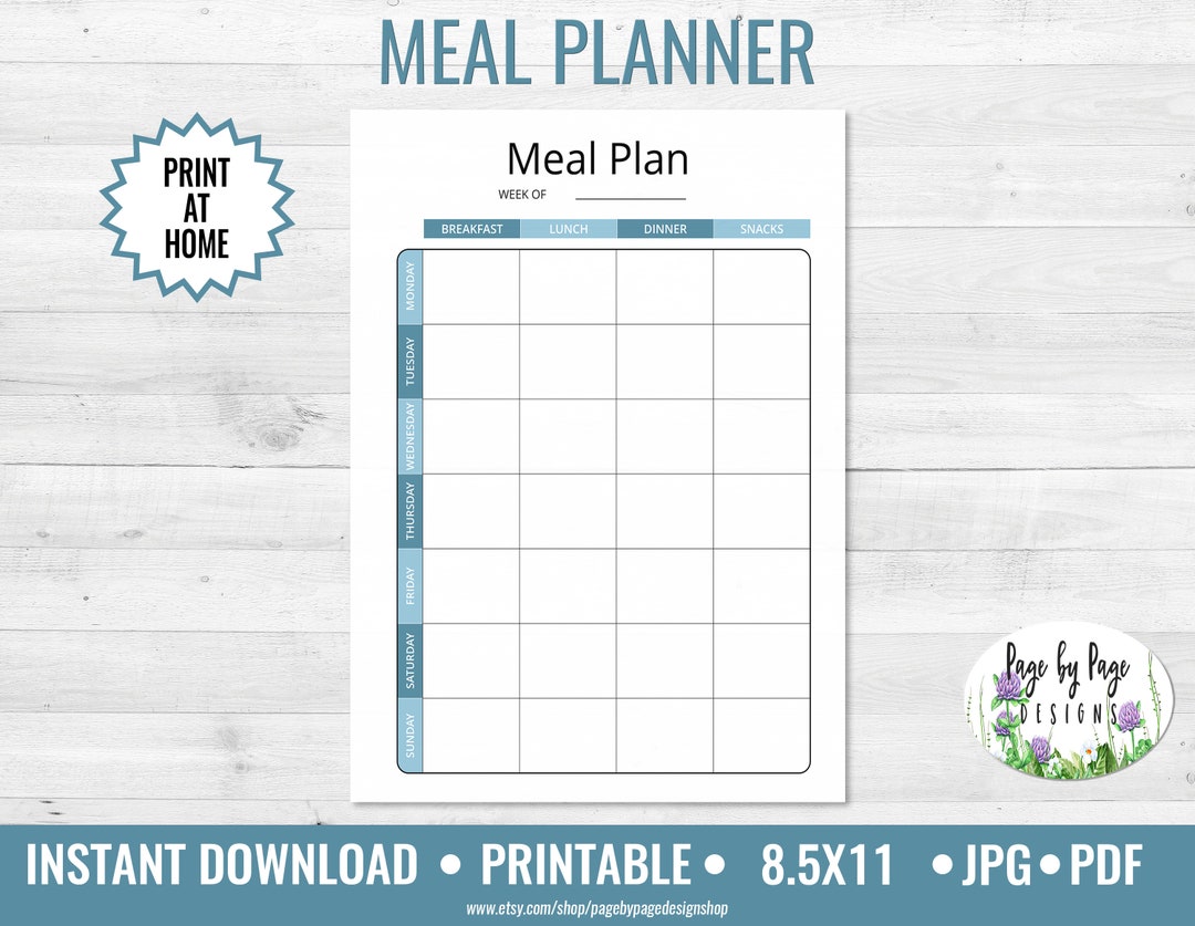 Meal Planner Blue Letter Size Printable -INSTANT DOWNLOAD-001 - Etsy