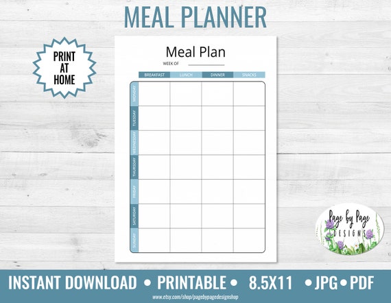 Meal Planner Blue Letter Size Printable INSTANT DOWNLOAD-001 | Etsy