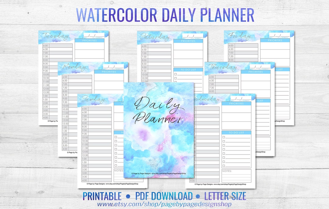 Blue Watercolor Daily Planner Letter Size Printable Fillable-instant ...