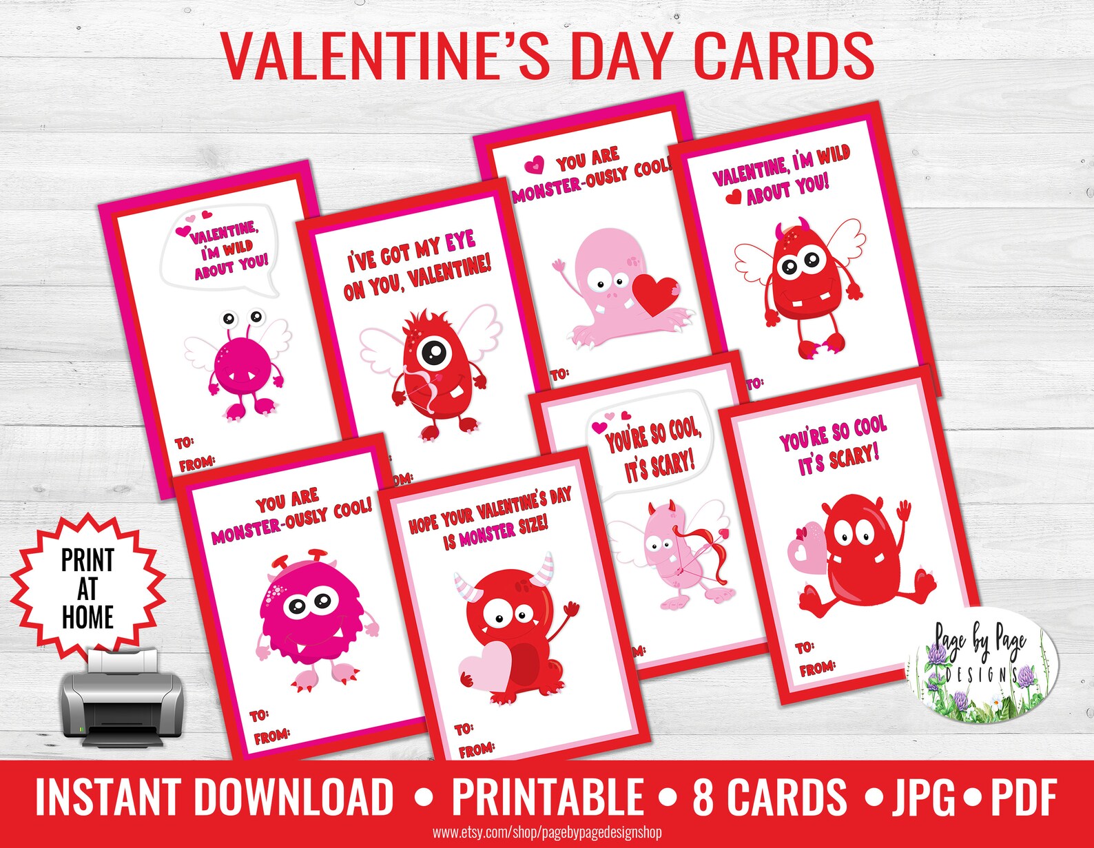 Monster Valentine's Day Cards Kids Printable Cute-instant DOWNLOAD - Etsy