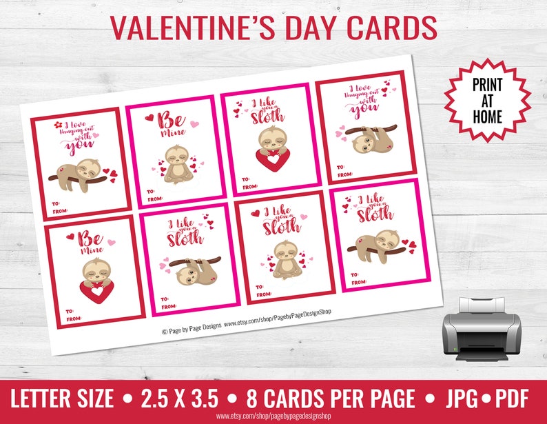 Sloth Valentine's Day Cards Kids Printable Cute-instant DOWNLOAD - Etsy