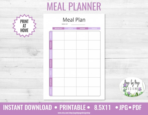 Meal Planner Purple Letter Size Printable INSTANT | Etsy
