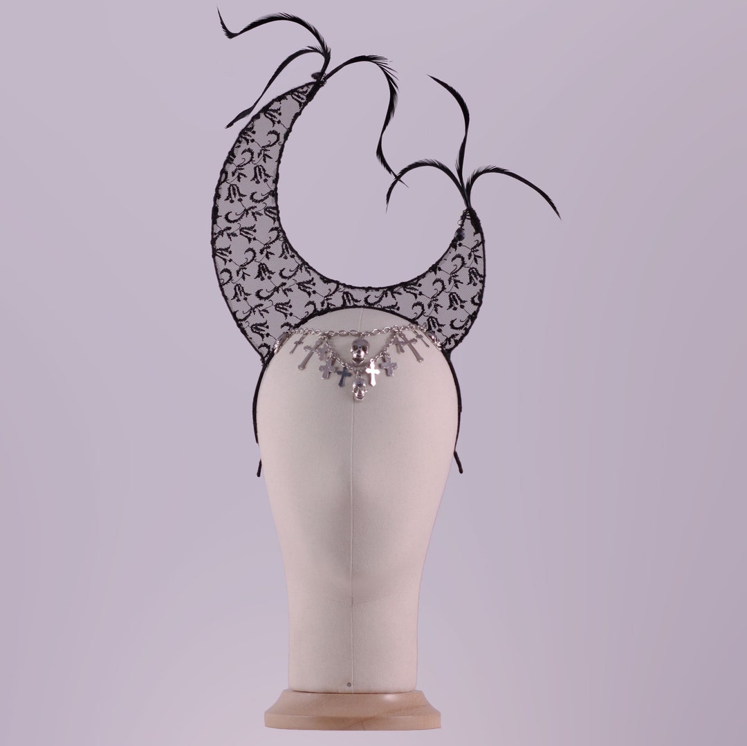 Black Lace Moon Horns Headdress: Gothic Skull & Crosses Headpiece - Etsy