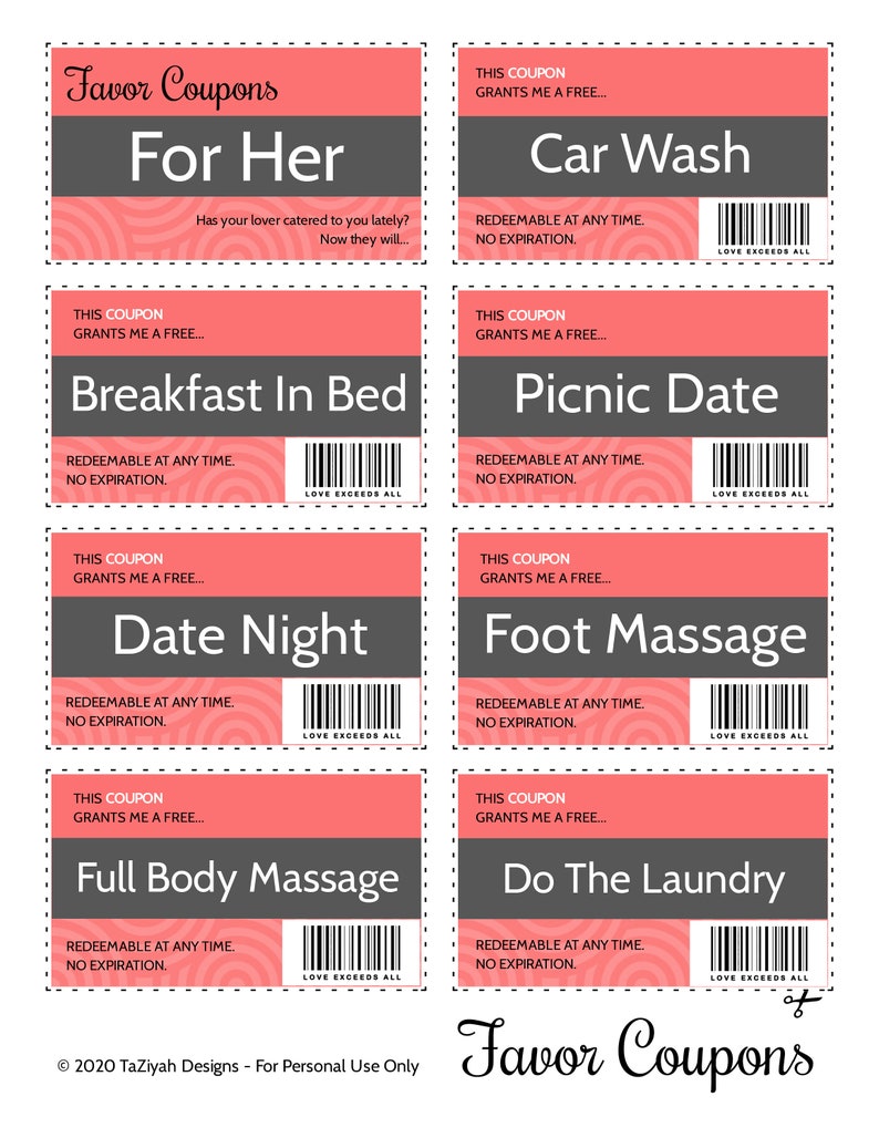 Downloadable Love Coupons Favor Coupons Intimate Coupons - Etsy