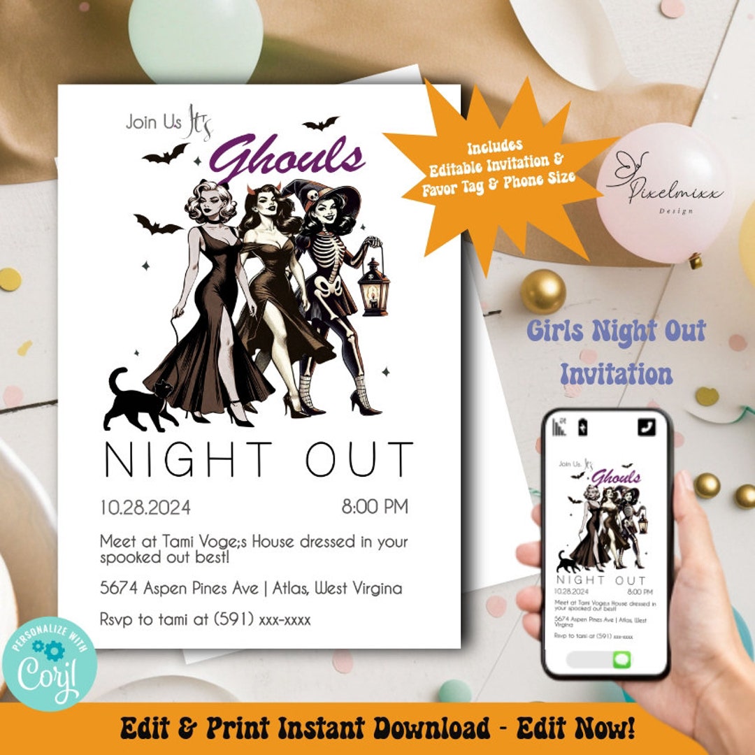 Black & White Halloween Party Printable Invitation Ghouls Night Out ...