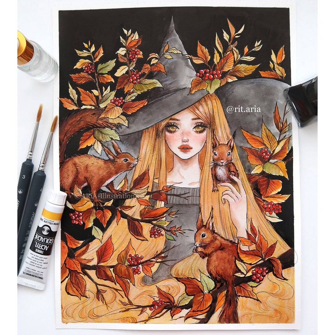 Squirrel Witch Art Print - Autumn Wall Decor Painting - Cute Fall ...