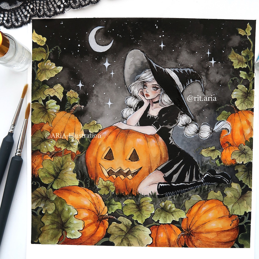 Halloween Witch Art Print - Spooky Wall Decor Painting - Witchy Pumpkin ...