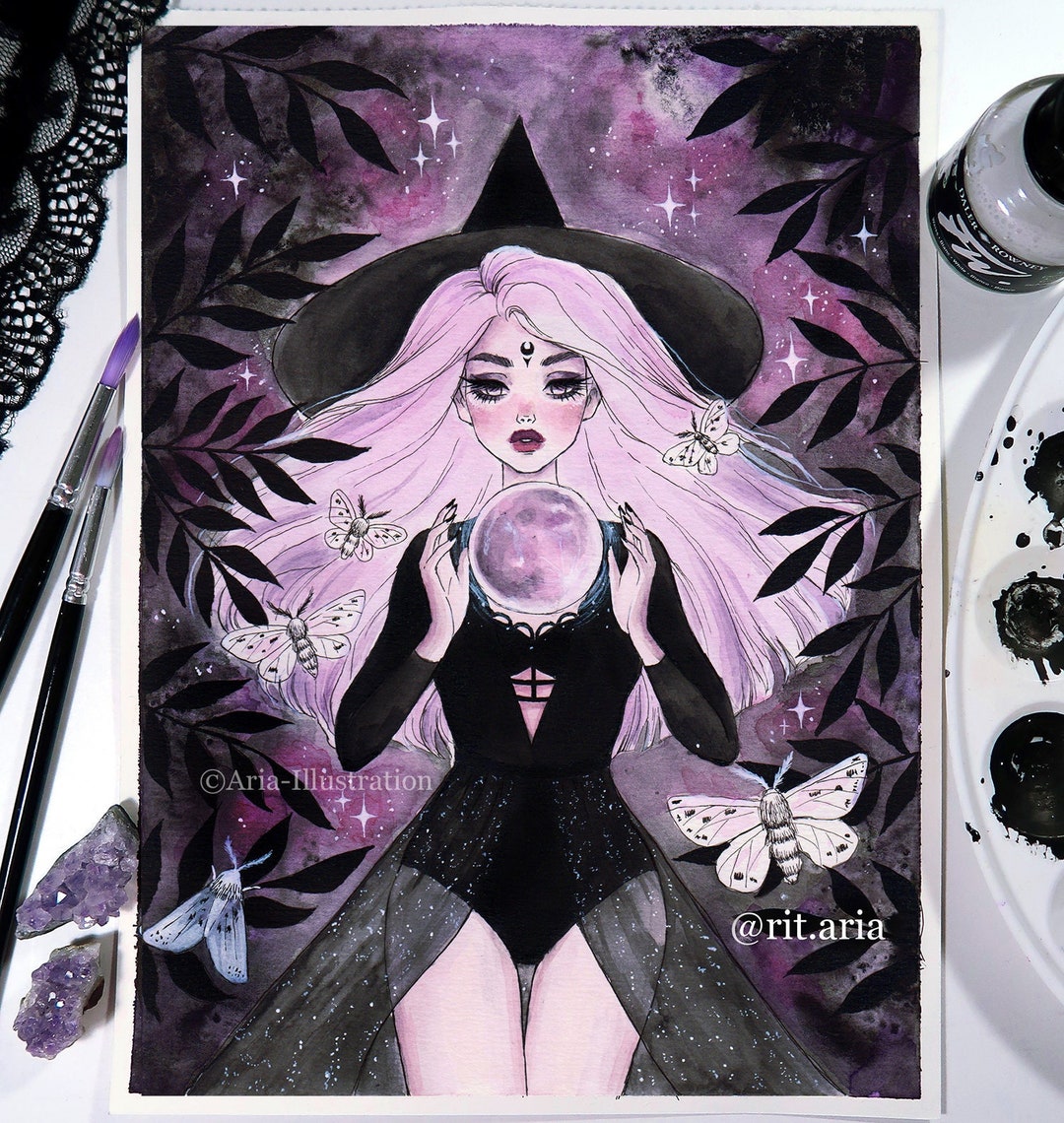 Magic Moon Witch Art Print - Cute Magical Wall Decor Painting - Witchy ...