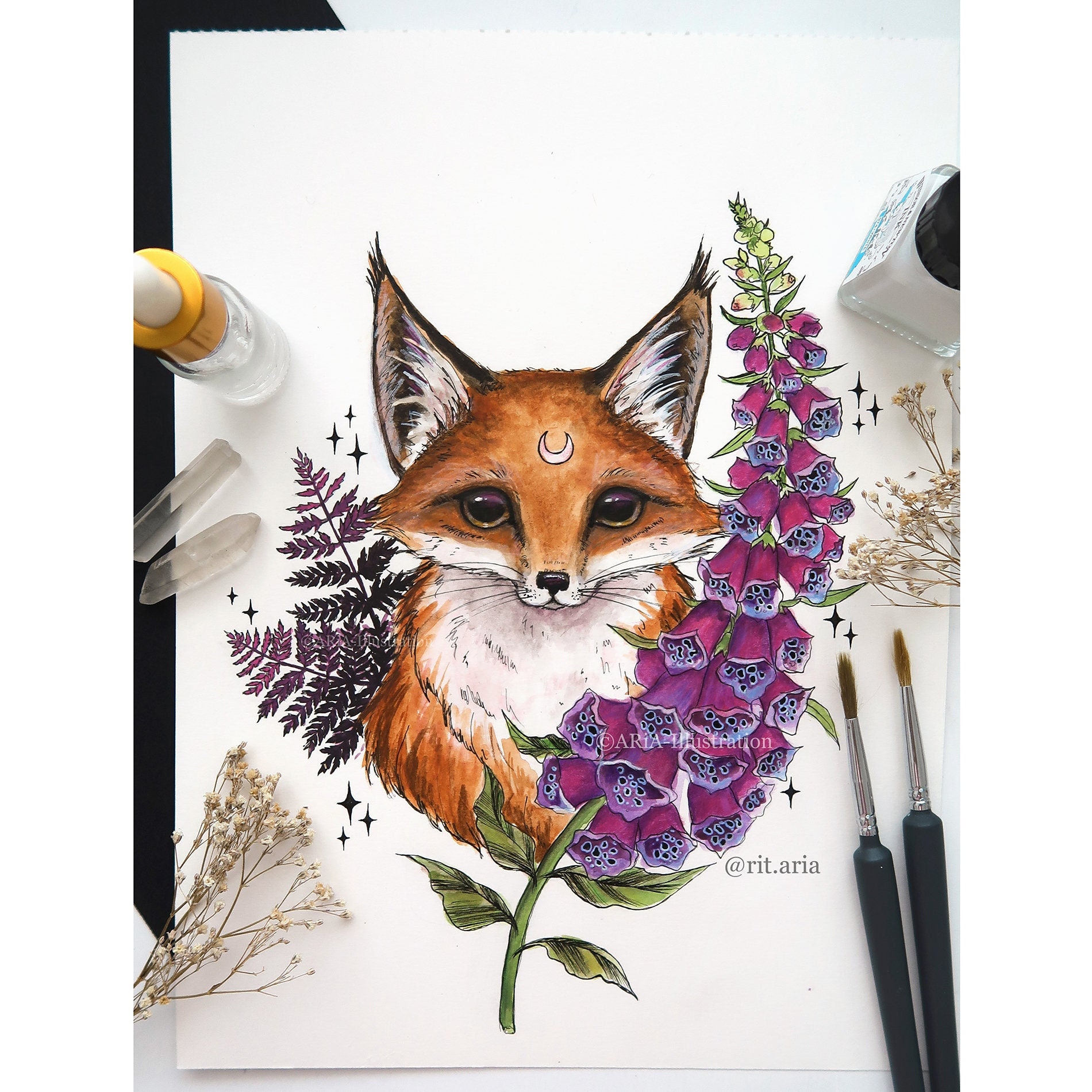 Foxglove Art Print Cute Witchy Fox Drawing Autumn Cozy - Etsy