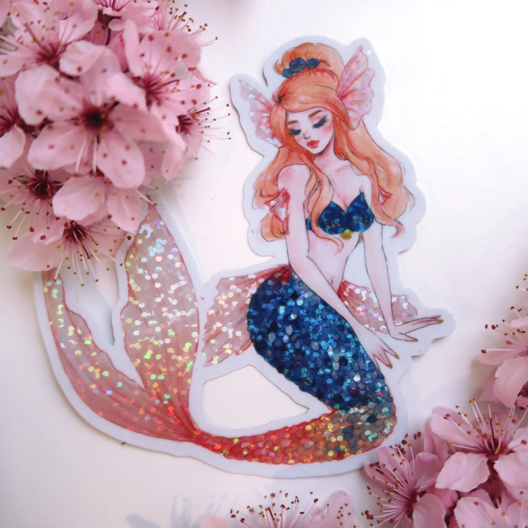 Betta Mermaid Holograpic Glitter Sticker OR Magnet - Cute Mermaid Sparkly Fridge Magnet - for ...