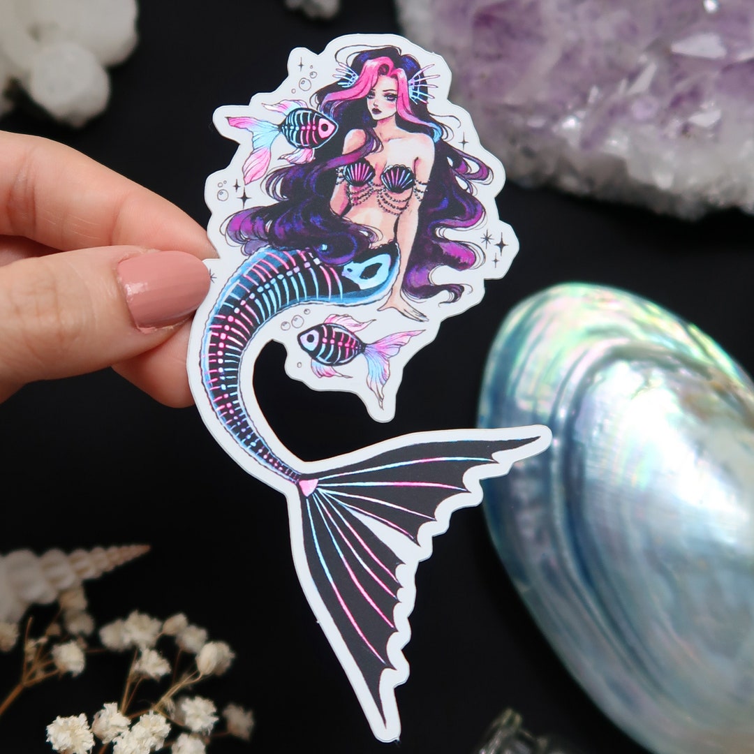 Skeleton Mermaid Shimmery Sticker OR Magnet- Spooky Sparkly Fridge ...