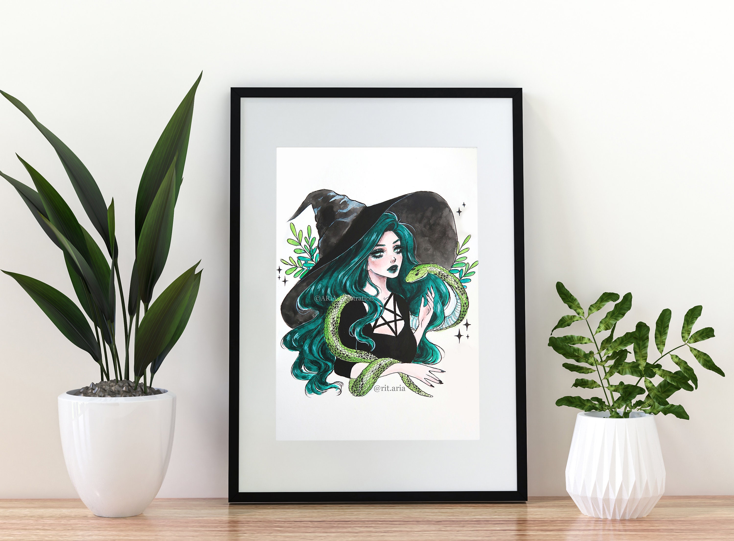 Green Snake Witch Art Print Wall Decor Painting Witchy - Etsy