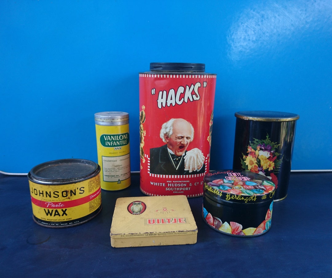 Collection of 6 Advertising Metal Boxes With Various Lithographed ...