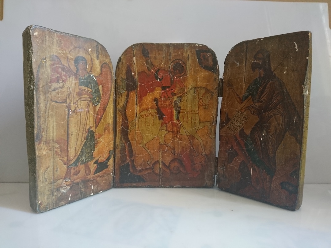 Saint George Slaying the Dragon / Orthodox Wooden Triptych Icons - Folk ...