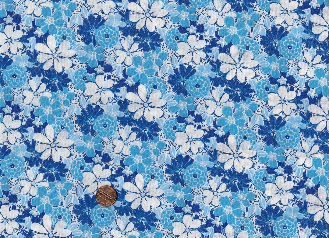 Blue Floral Cotton Fabric - Etsy