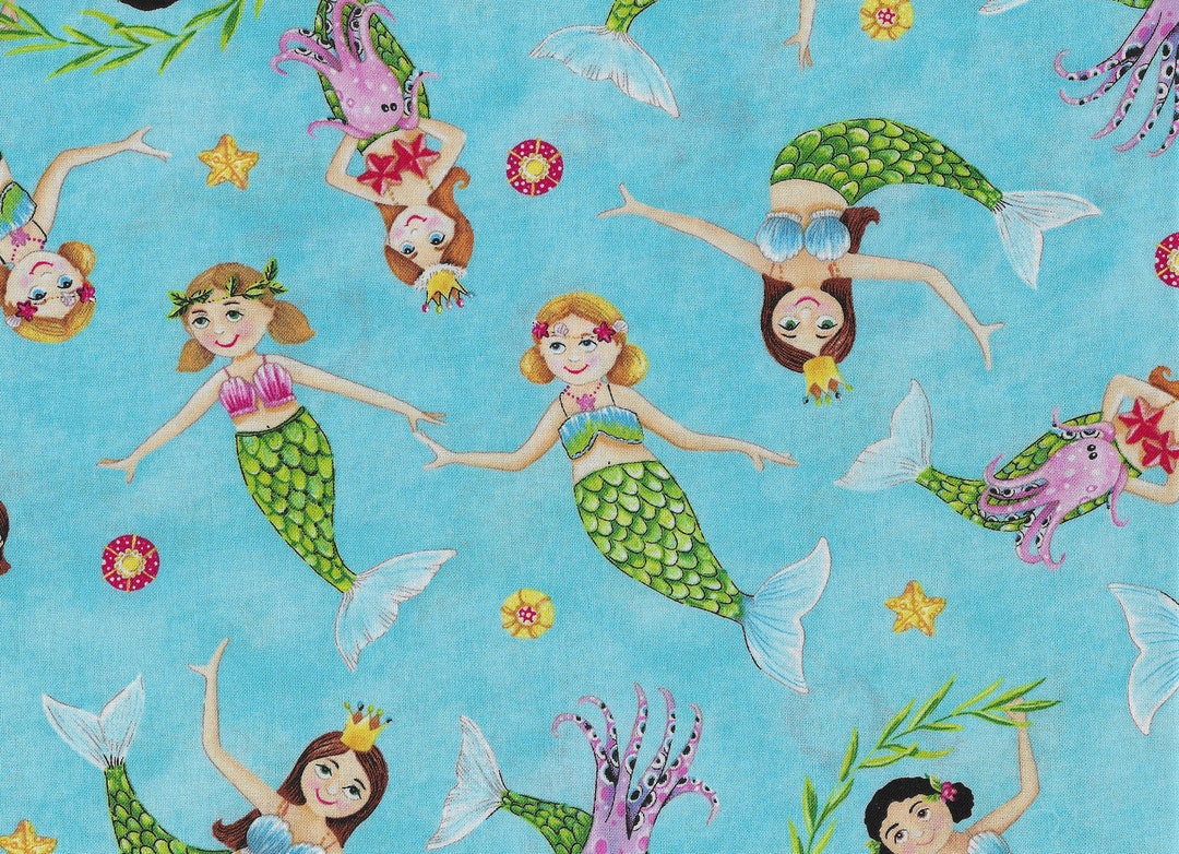 Blue Mermaid Cotton Fabric - Etsy