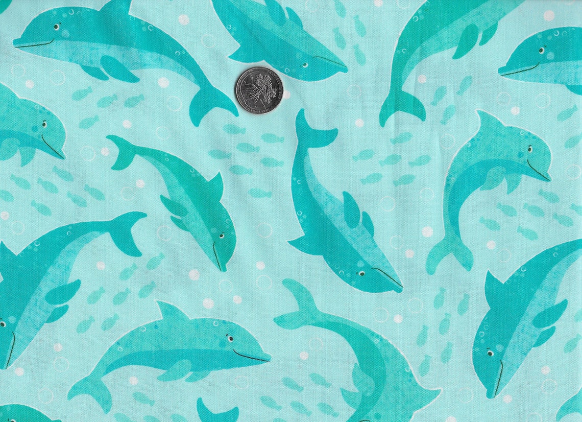 Teal Dolphin Cotton Fabric - Michael Miller Flippin Out - Etsy