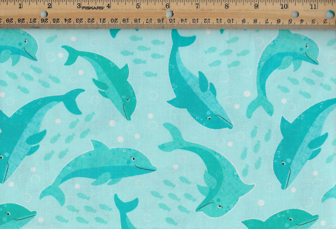 Teal Dolphin Cotton Fabric - Michael Miller Flippin Out - Etsy