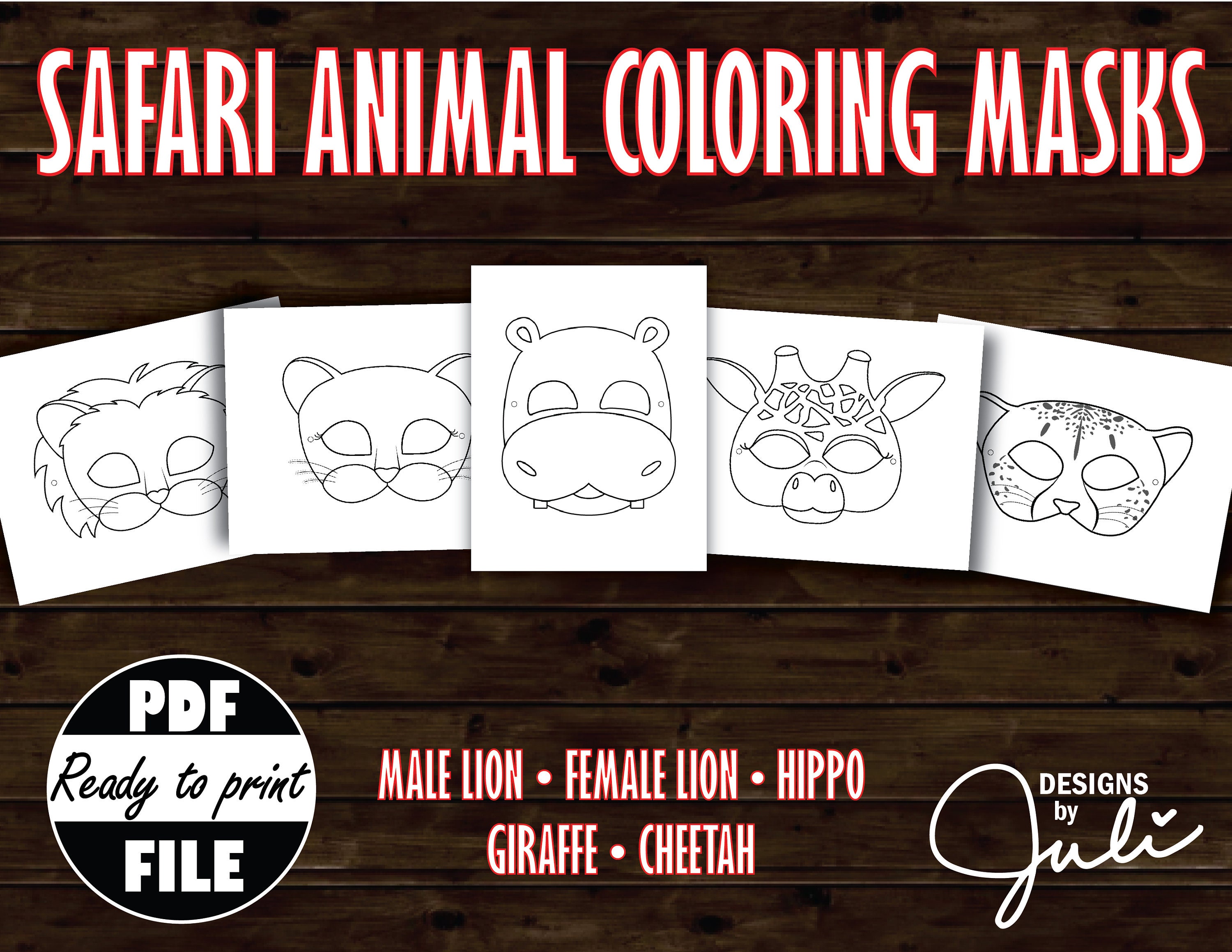 Safari Animal Coloring Masks | Male Lion, Female Lion, Hippo, Giraffe ...