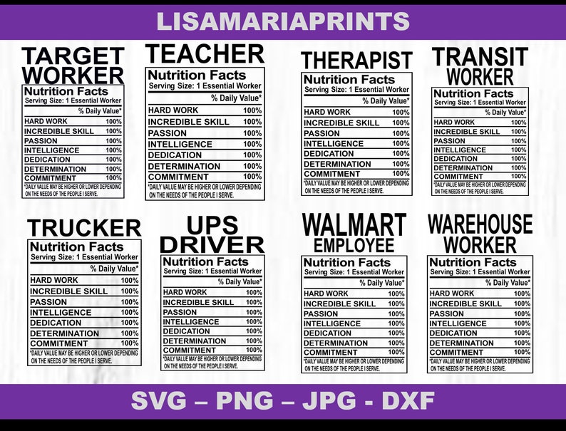 Essential Workers Nutrition Facts Bundle (57 Total) SVG JPG PNG ...