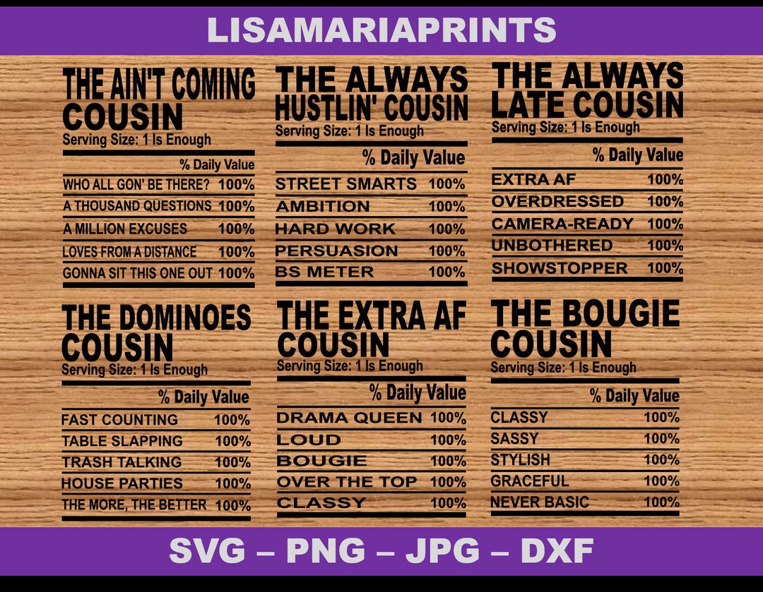 Cousin Nutrition Facts Bundle 24 Total SVG Jpg PNG UPDATED - Etsy