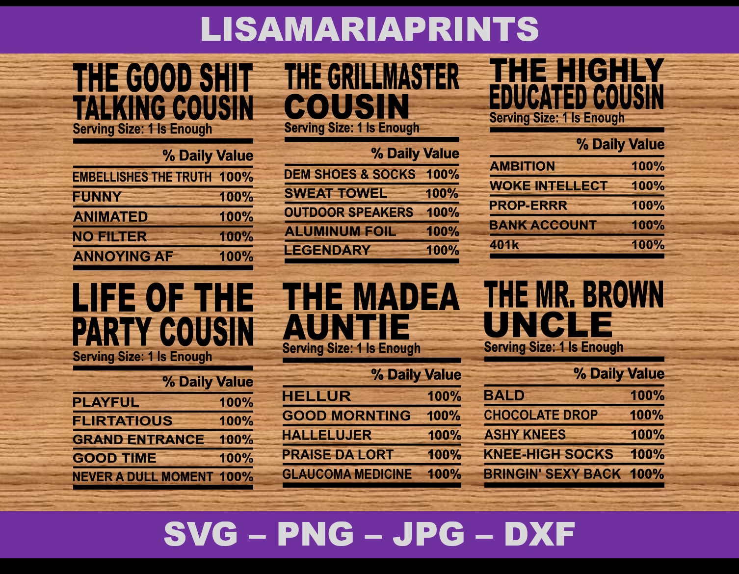Cousin Nutrition Facts Bundle (24 Total) SVG Jpg PNG - UPDATED 10.29.20 ...