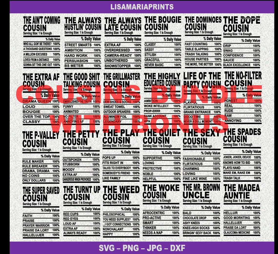 Cousin Nutrition Facts Bundle (24 Total) SVG Jpg PNG - UPDATED 10.29.20 ...