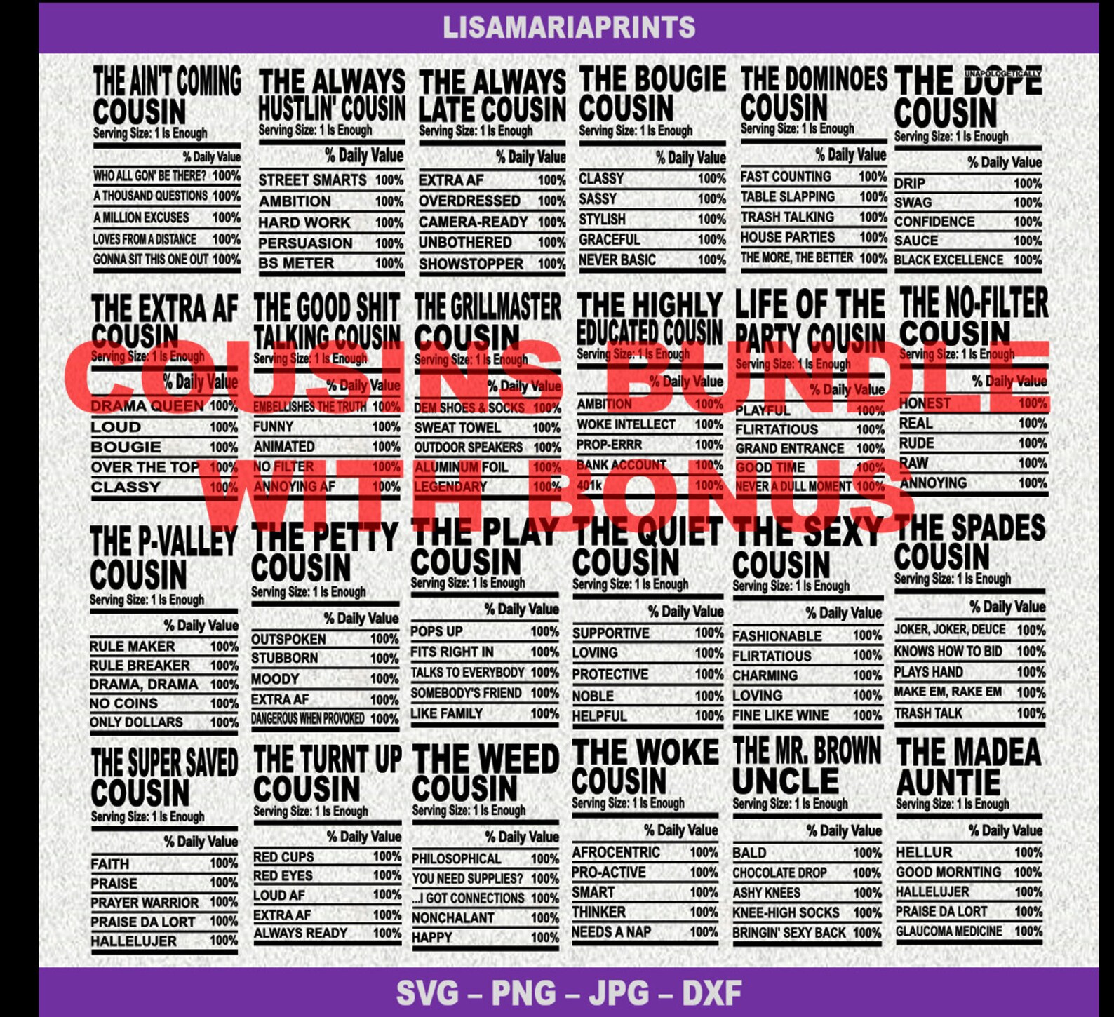 Cousin Nutrition Facts Bundle (24 Total) SVG Jpg PNG - UPDATED 10.29.20 ...