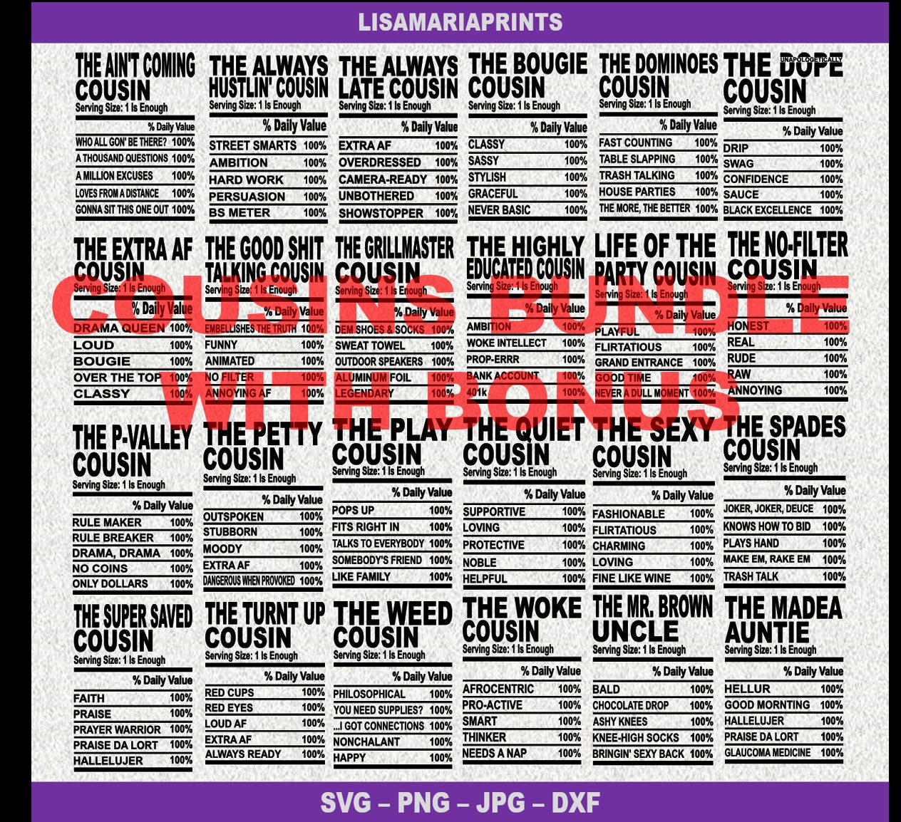 Cousin Nutrition Facts Bundle (24 Total) SVG Jpg PNG - UPDATED 10.29.20 ...