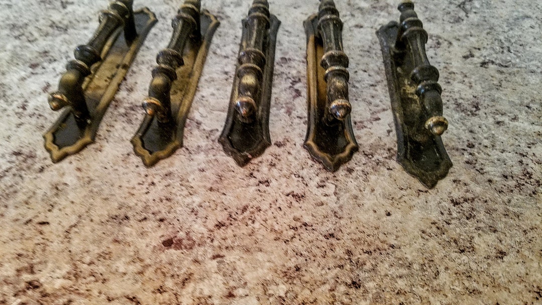 Vintage Two Part Drawer Handle Pull Aged Brass Metal Cabinet Cupboard ...