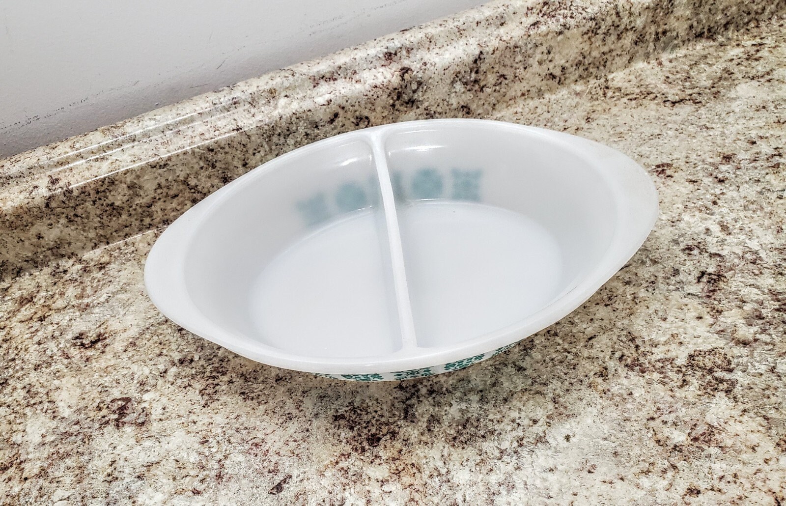 Vintage GLASBAKE Turquoise Blue Snowflake Floral Divided Casserole Dish ...