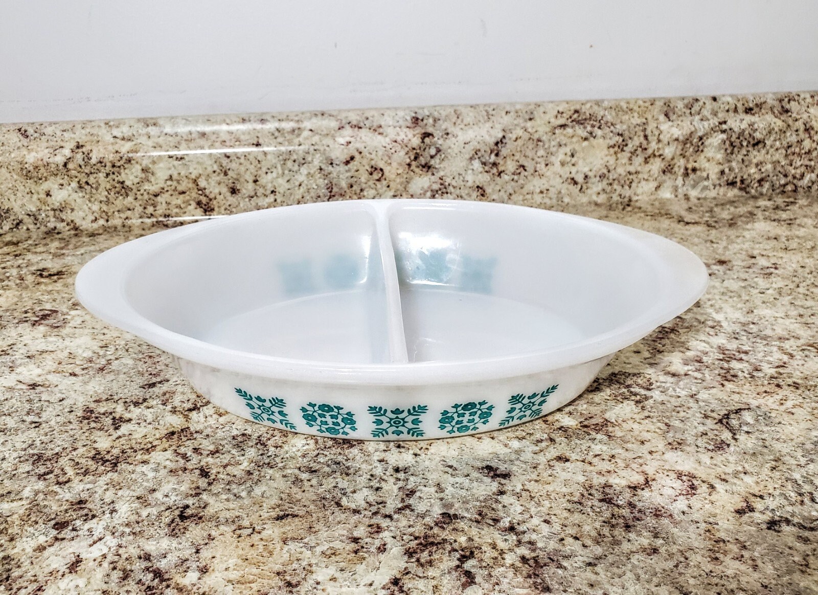 Vintage GLASBAKE Turquoise Blue Snowflake Floral Divided Casserole Dish ...
