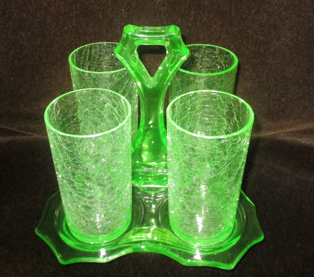 Vintage Uranium Glass Tray, Four Crackle Glass Tumblers, Art Deco ...