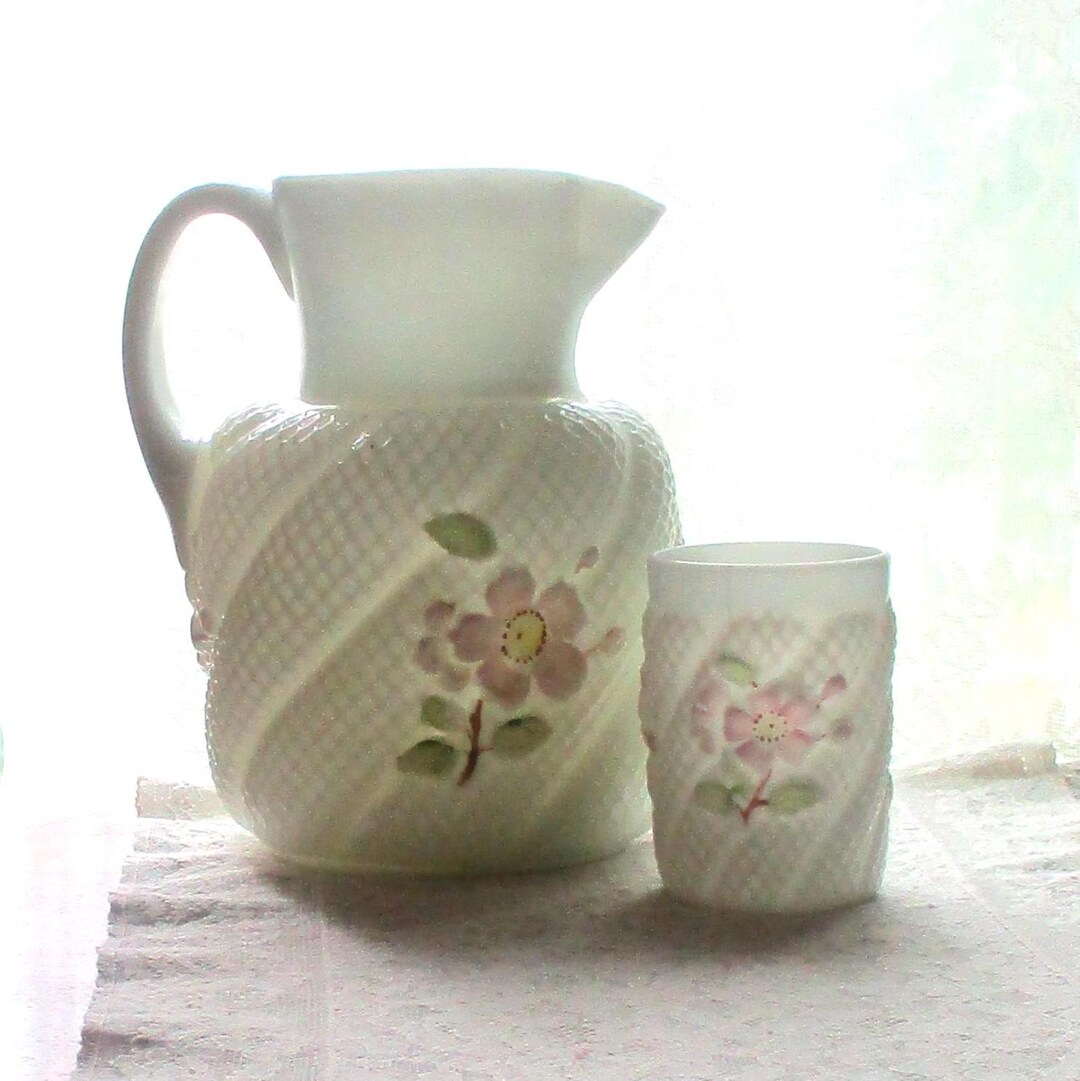 Vintage Cosmos Water Pitcher and Glass, Bedroom Decor, Serving Vessel ...