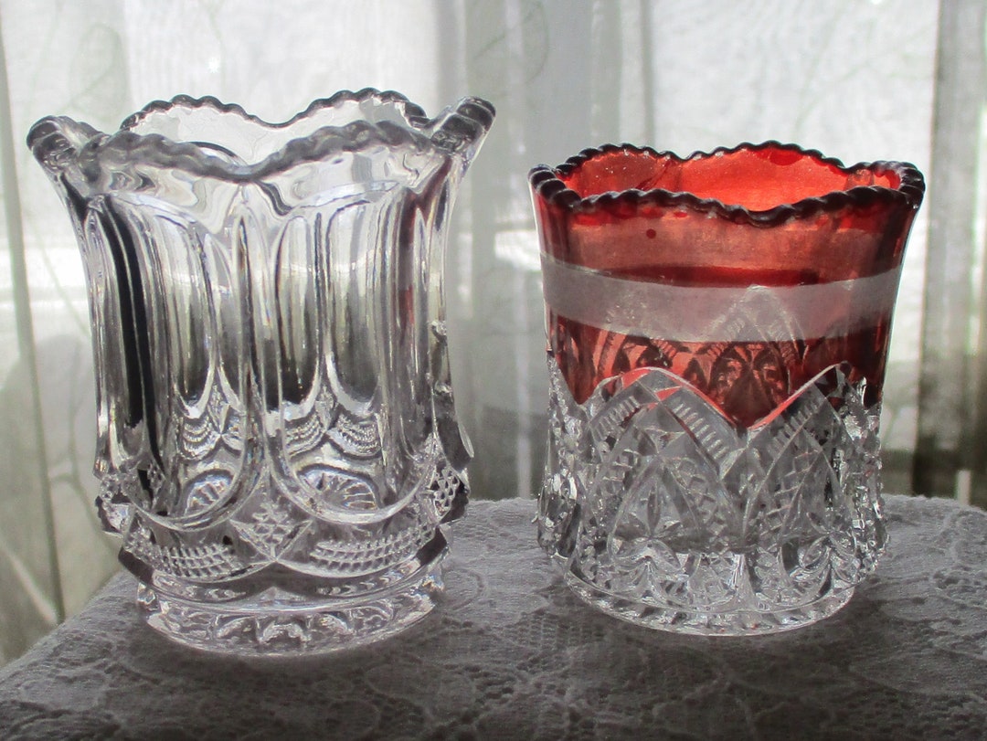 Two Glass Toothpick Holders, Clear Glass, Red Glass, EAPG, Table Decor ...