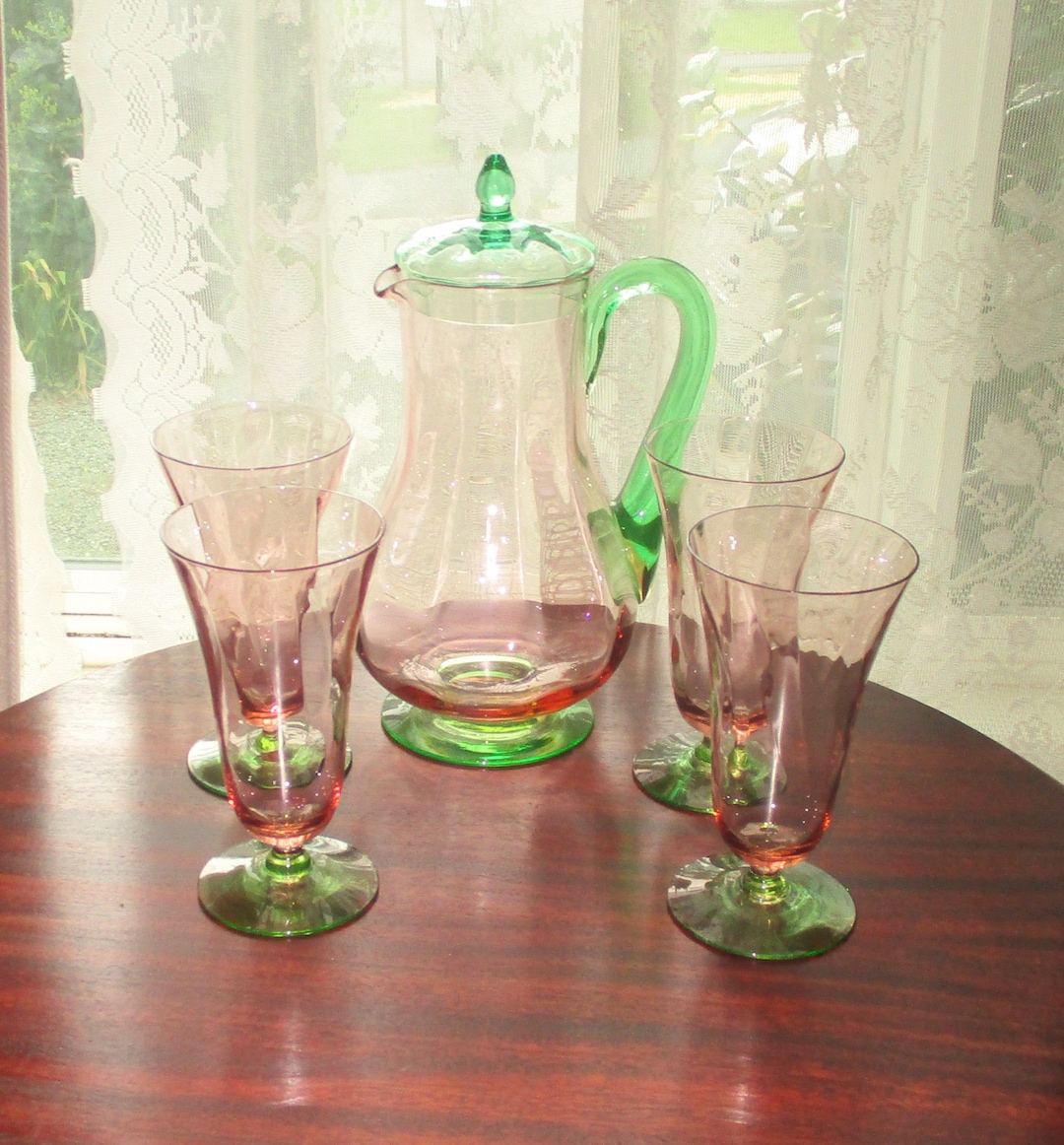 Tiffin Glassware, Pitcher Set, 4 Glasses, Tiffin Rose, Watermelon ...