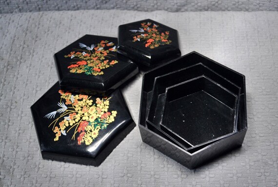 Nesting Boxes Hexagon w/ Lids Set of 3 Hong Kong Dark… - Gem