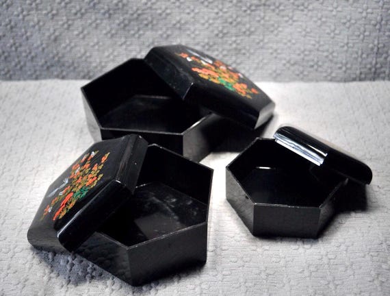 Nesting Boxes Hexagon w/ Lids Set of 3 Hong Kong Dark… - Gem