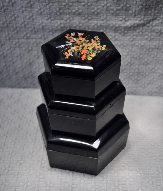 Nesting Boxes Hexagon w/ Lids Set of 3 Hong Kong Dark… - Gem
