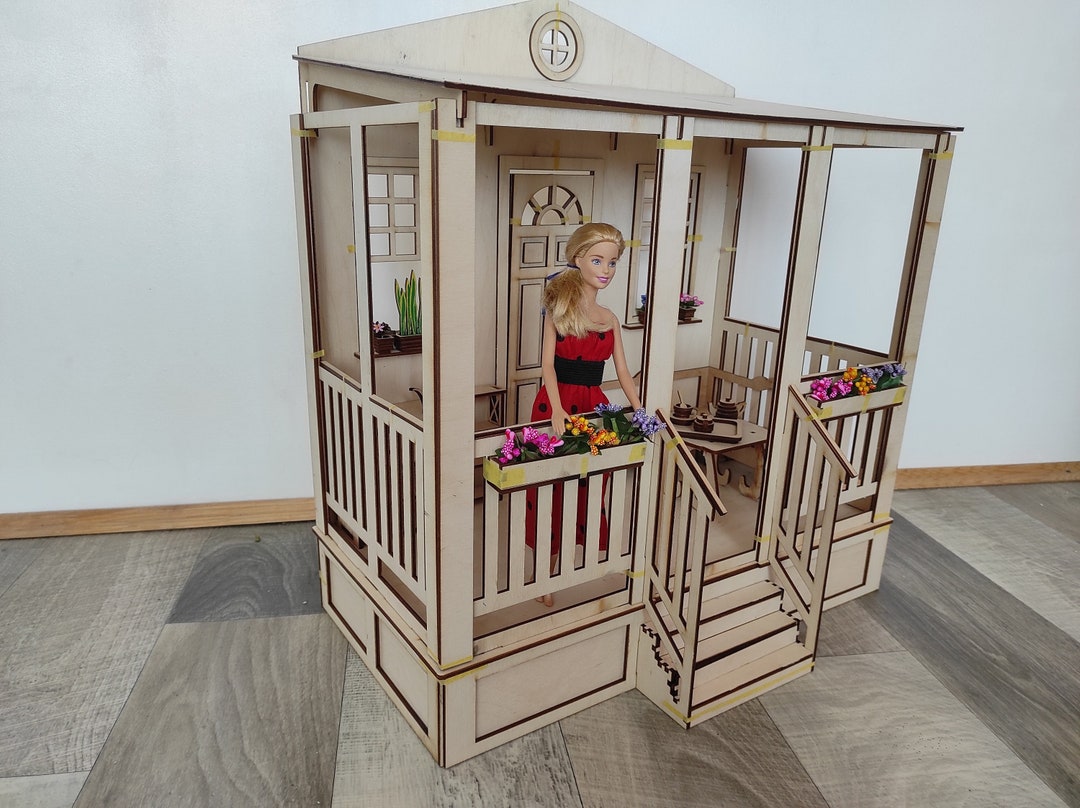 Wooden Dollhouse Porch 1/6 Scale – Miniature DIY Craft Kit for Custom ...