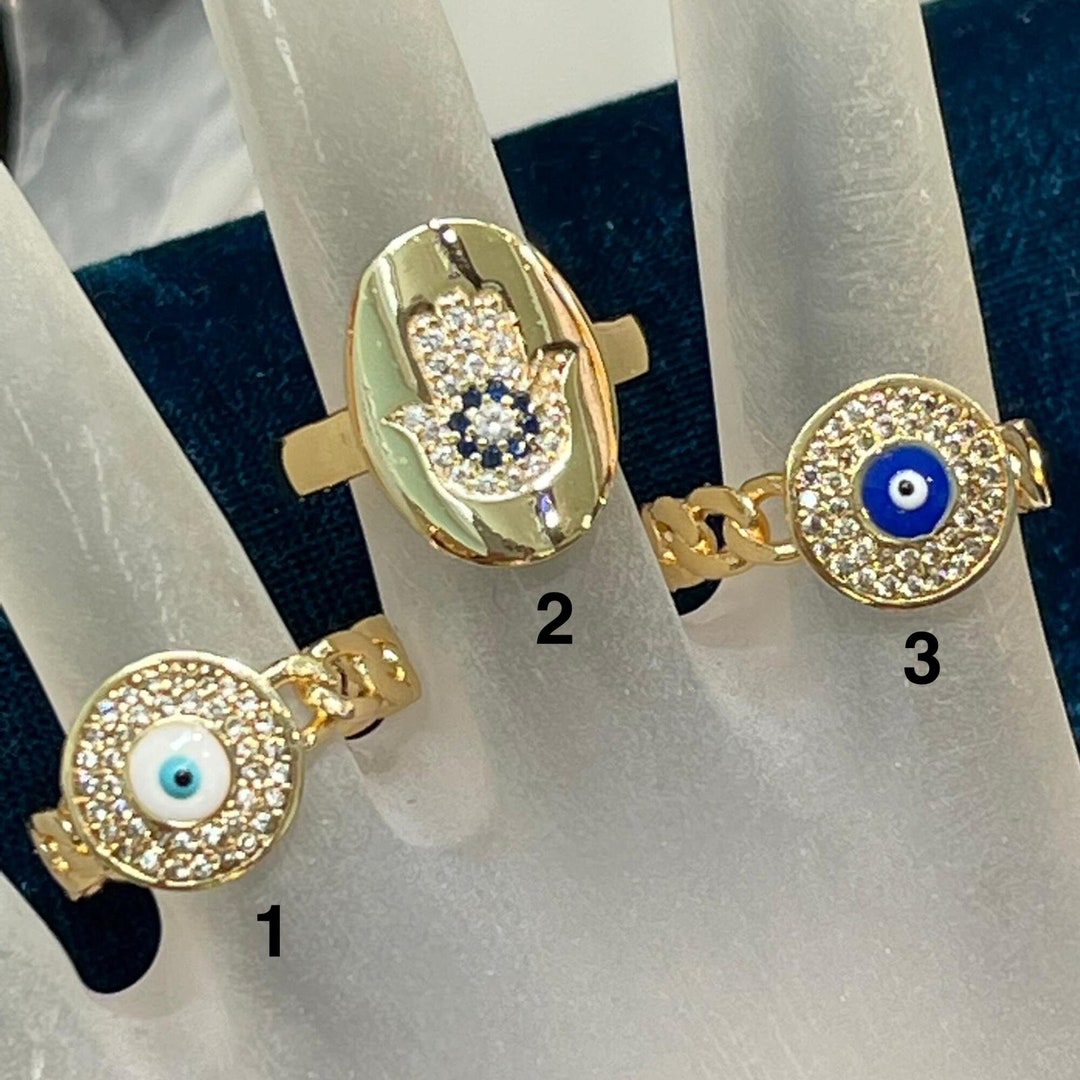 Evil Eye & Hamsa Ringe - Verstellbarer Ring - Stapelring - Blaue und weiße Augenfarbe - 14K ...