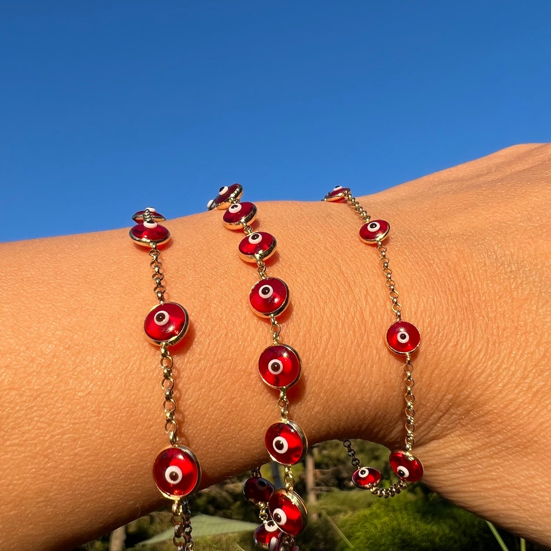 Red Evil Eye Bracelet, 14K Solid Gold Bracelet, Red Eye Station Chain ...
