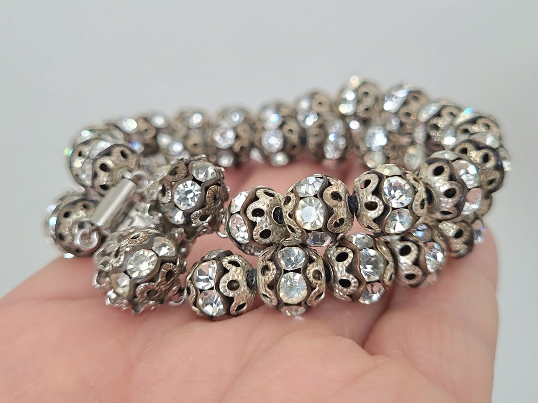 Retro Vintage Brass Filigree Clear Rhinestone Beaded Bracelet, Double ...