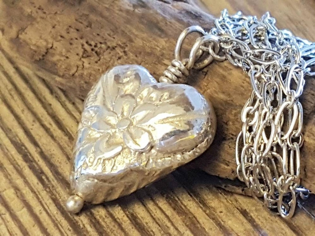 Artisan Scluptured Hand-built PMC Silver Large Puffy Heart Pendant ...