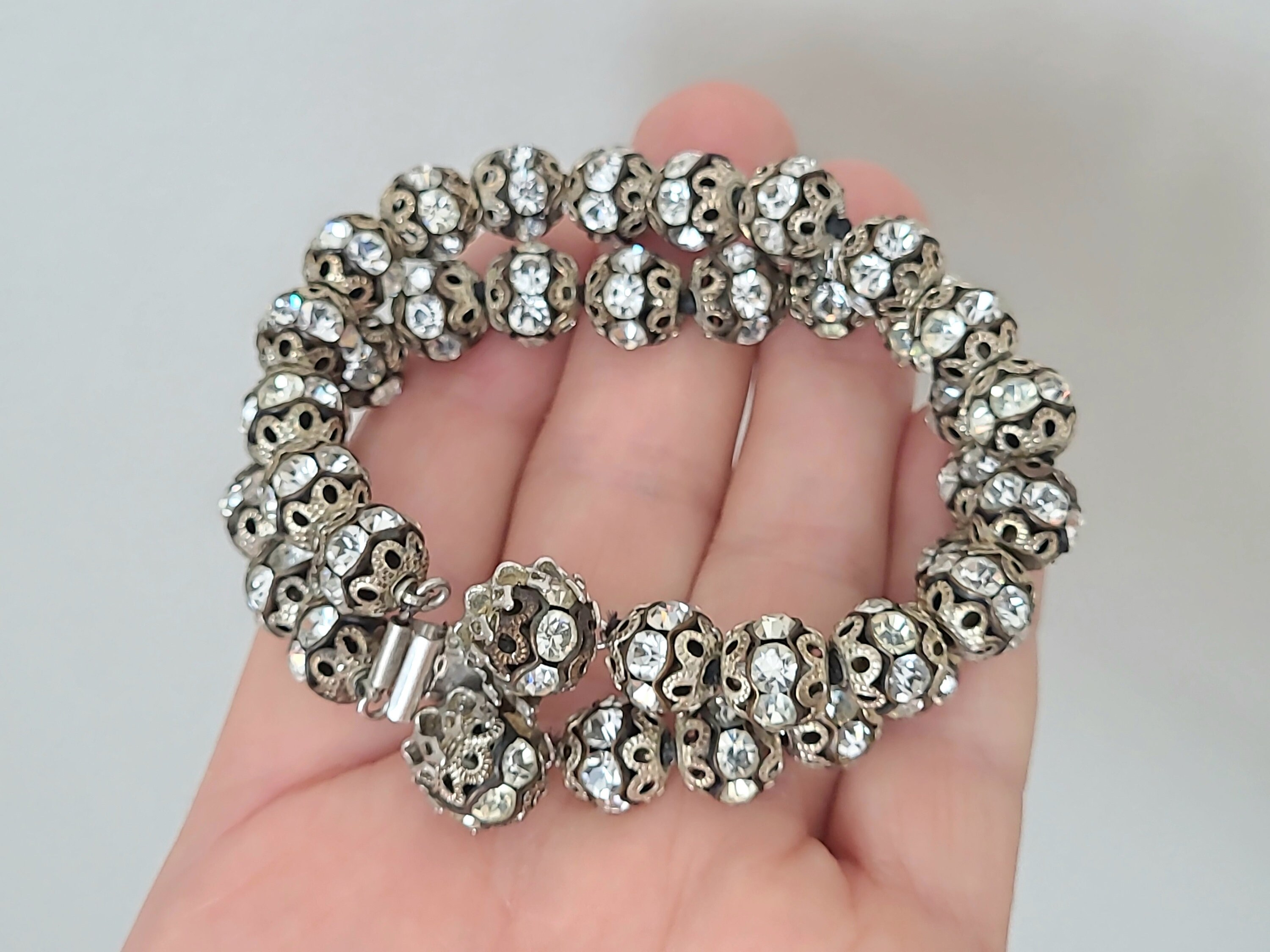 Retro Vintage Brass Filigree Clear Rhinestone Beaded Bracelet, Double ...