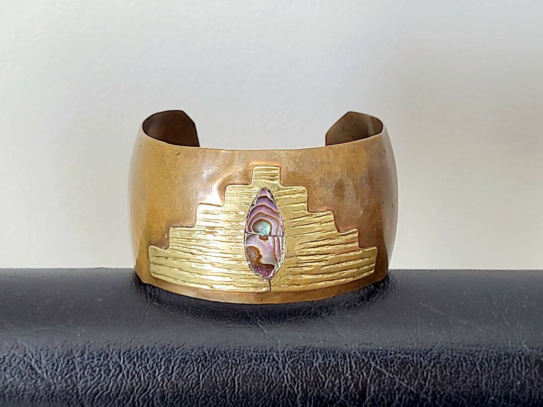 Vintage Mexico Mixed Metal Aztec Pyramid Wide Copper Cuff Bracelet ...