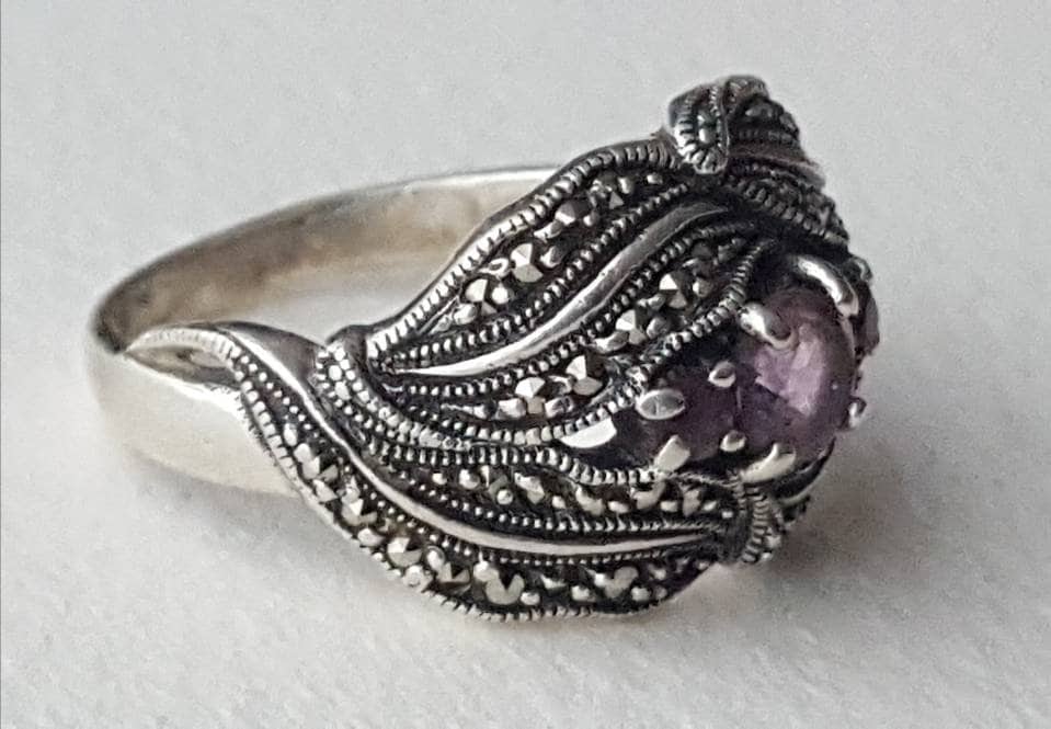 Vintage Amethyst Gemstone Marcasite Ring Marked Sterling Silver ACI ...