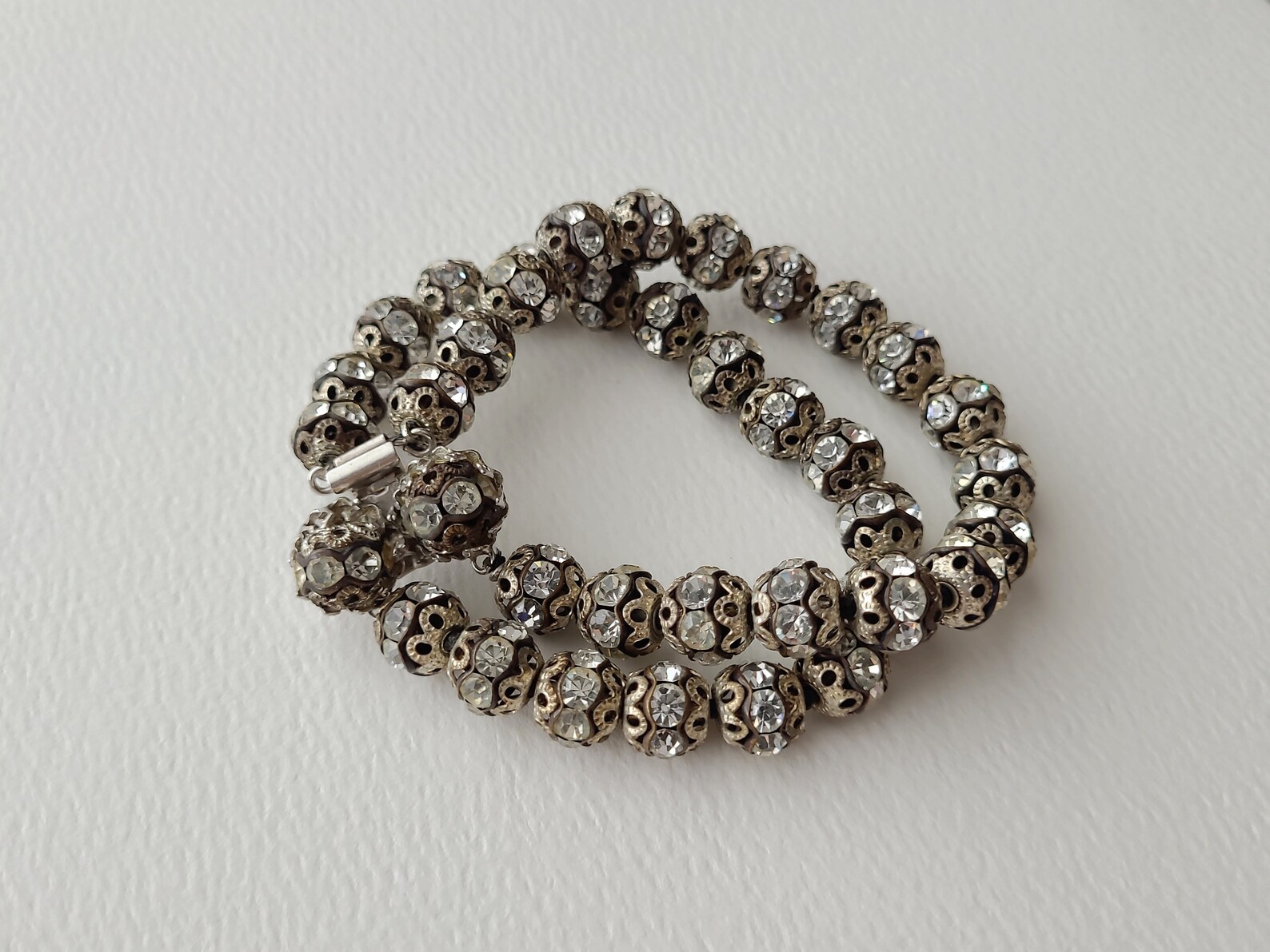 Retro Vintage Brass Filigree Clear Rhinestone Beaded Bracelet, Double ...