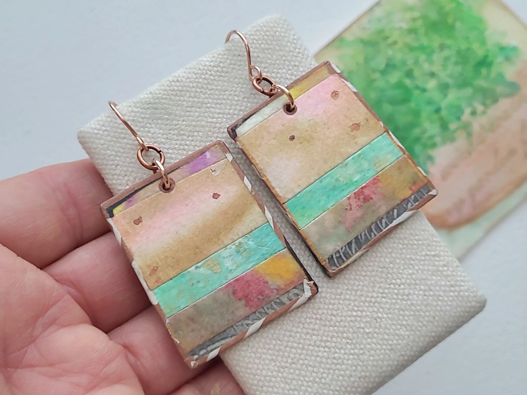 Absrtact Painted Watercolor Paper Collage Earrings, Multicolor ...