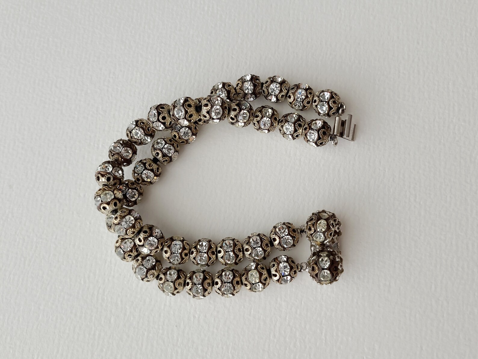 Retro Vintage Brass Filigree Clear Rhinestone Beaded Bracelet, Double ...